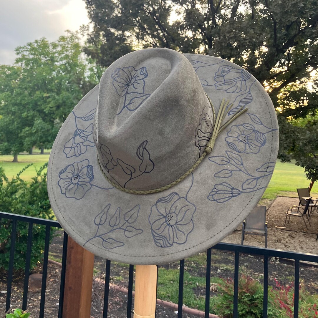 Hand Burned Wide Brim Hat -earthy Olive Floral Design - Etsy
