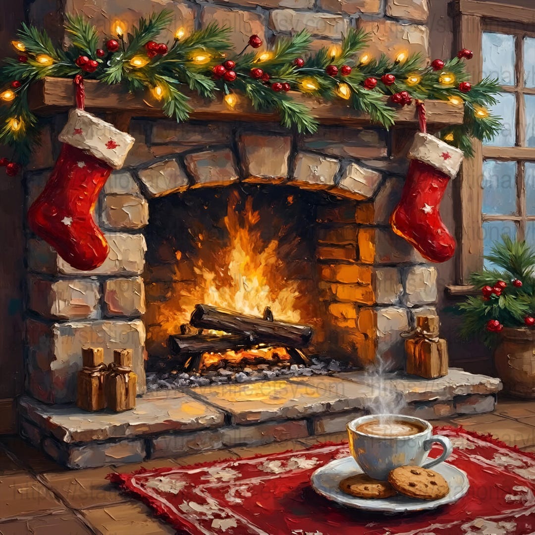 Christmas Fireplace Digital Paper Pack, Scrapbooking Backgrounds ...