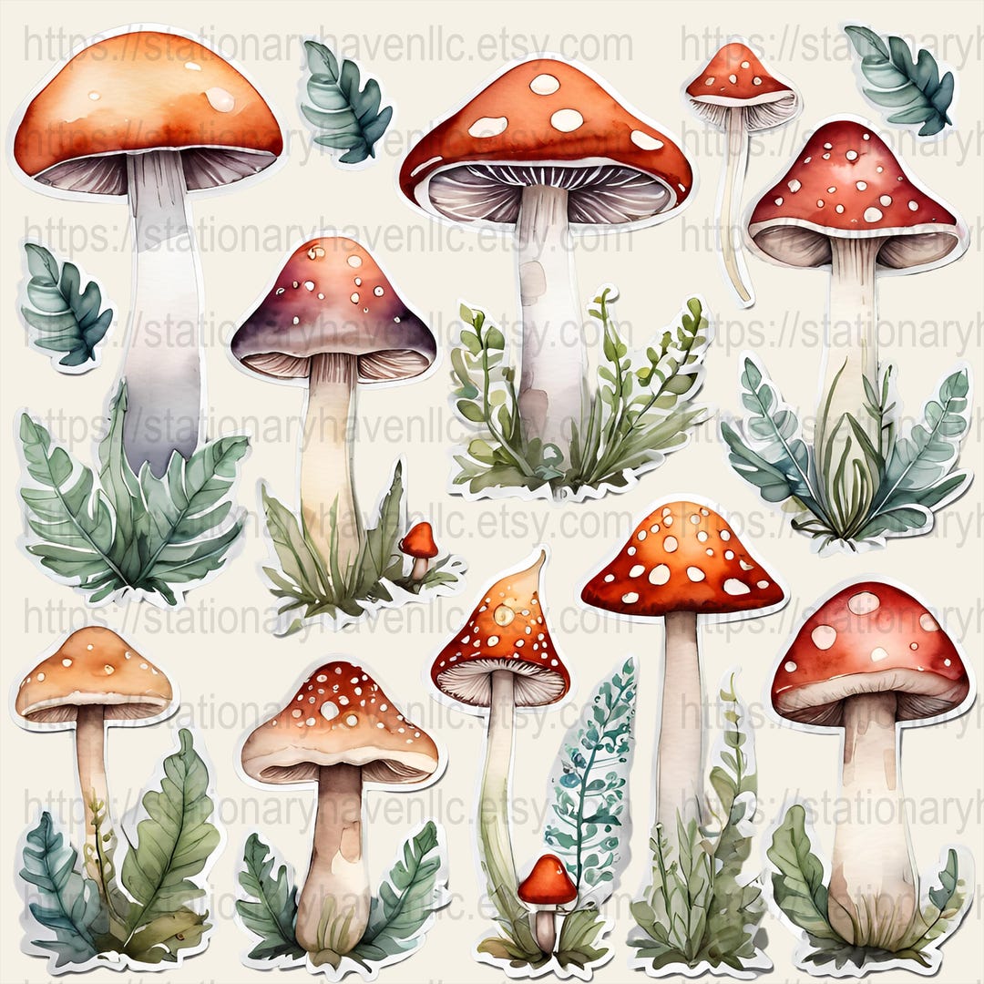 Watercolor Mushroom Sticker Sheet, Fungi Planner Stickers (digital ...