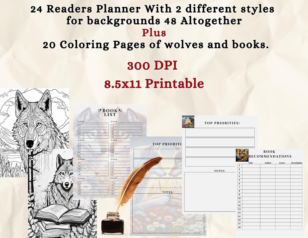 Printable Reader's Journal: Book Tracker, Wolf Coloring Pages (digital ...