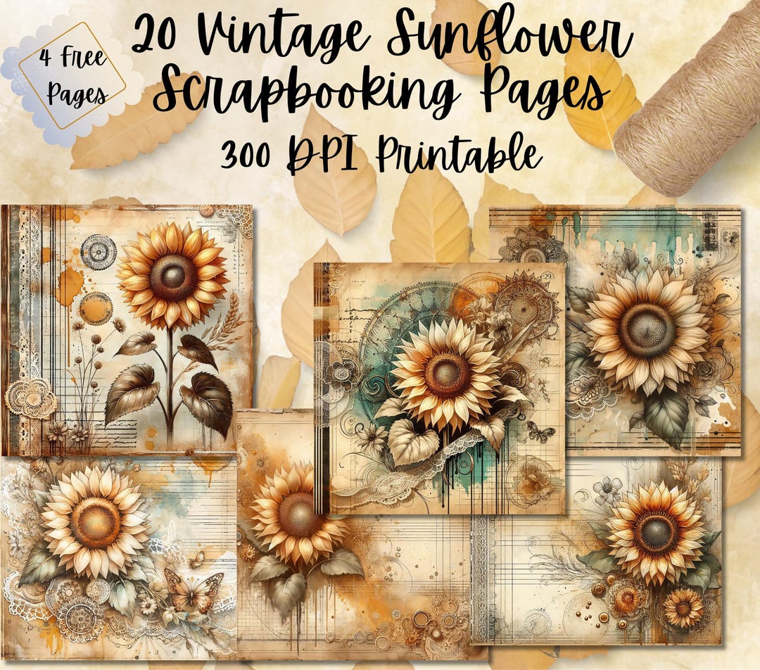 Vintage Sunflower Scrapbook Paper: 12x12 Floral Digital Pages (300 DPI ...