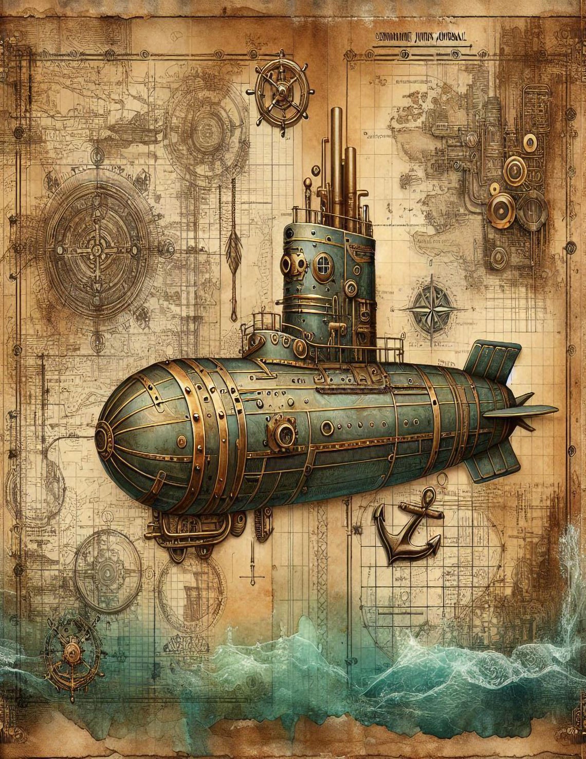 Steampunk Submarine Wall Art: Vintage Nautical Decor (digital Download ...