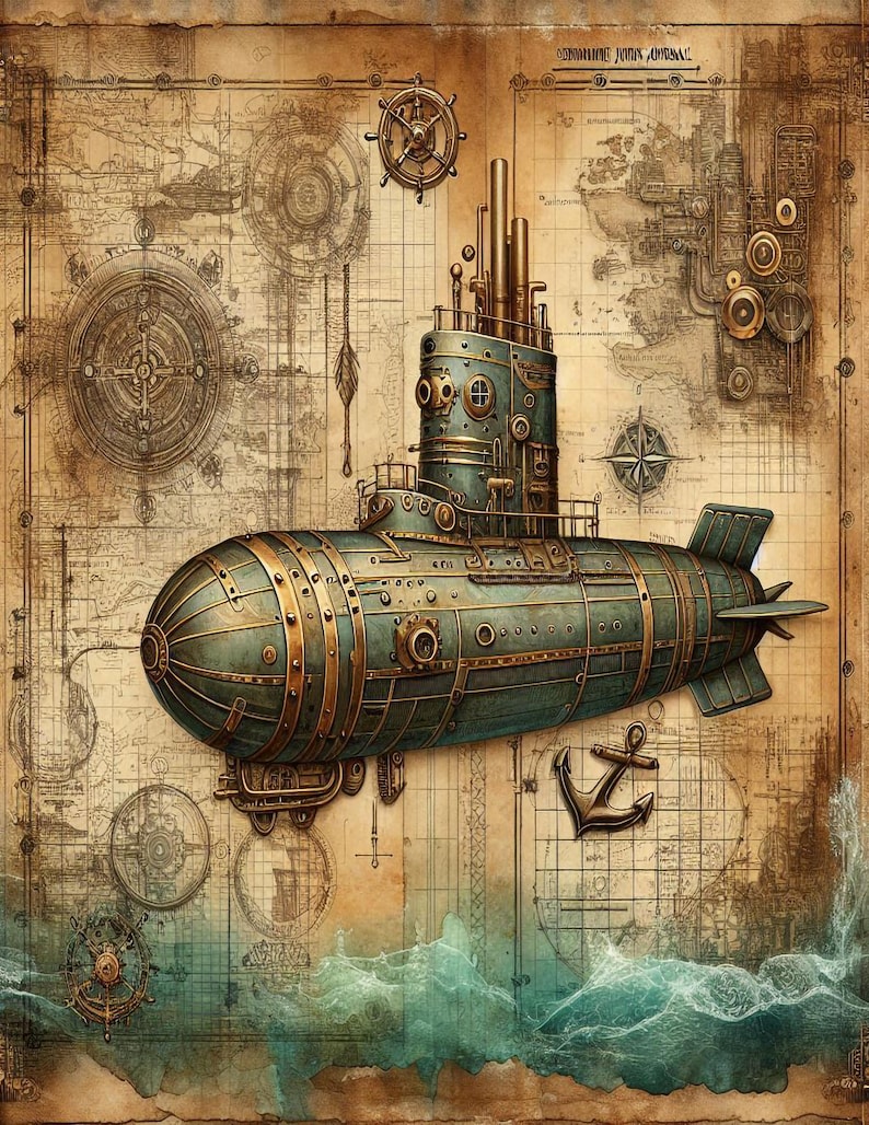 20 Steampunk Nautical Wall Art Printable | Vintage Submarine, Ship ...