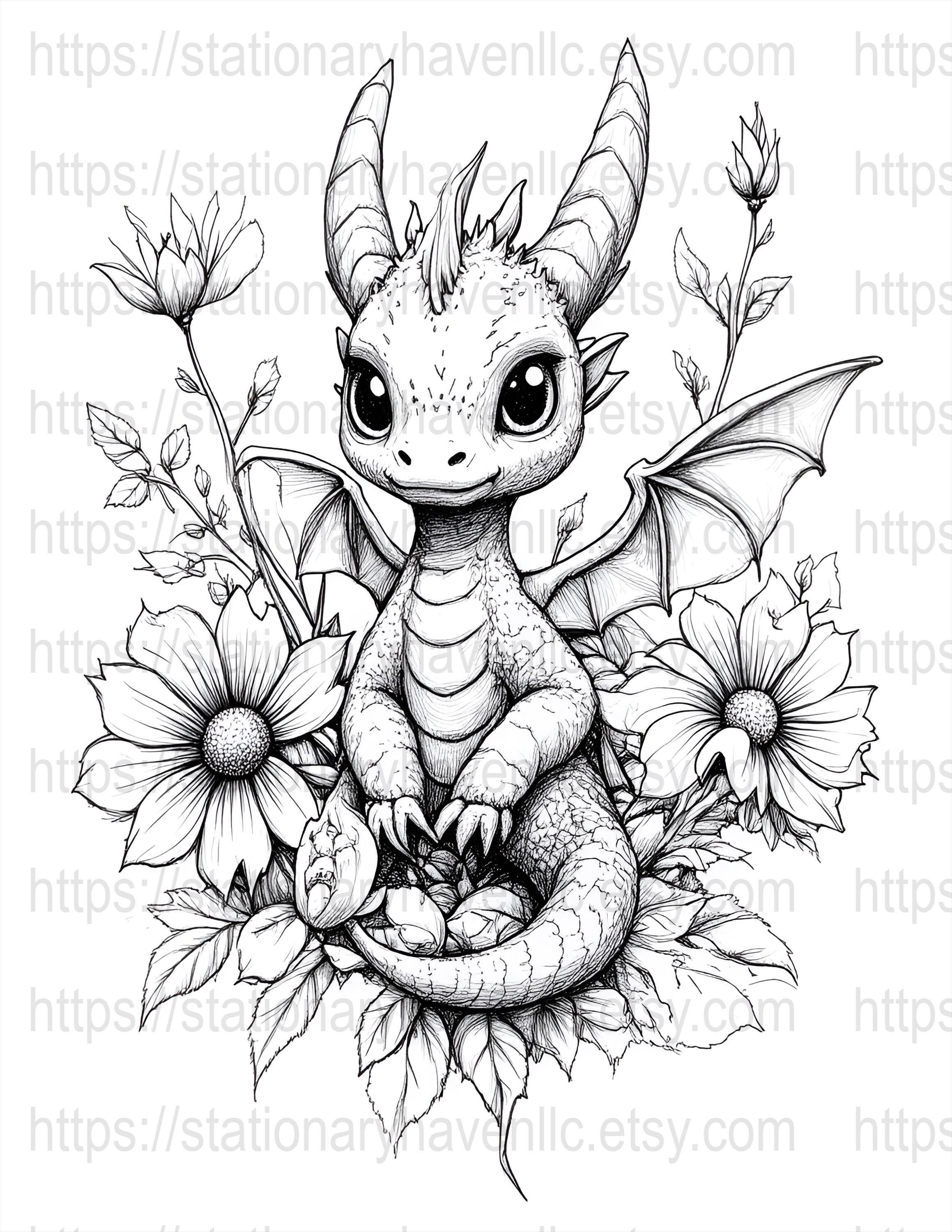 20 Cute Dragon Coloring Pages, Floral Fantasy Art, Printable Kids ...