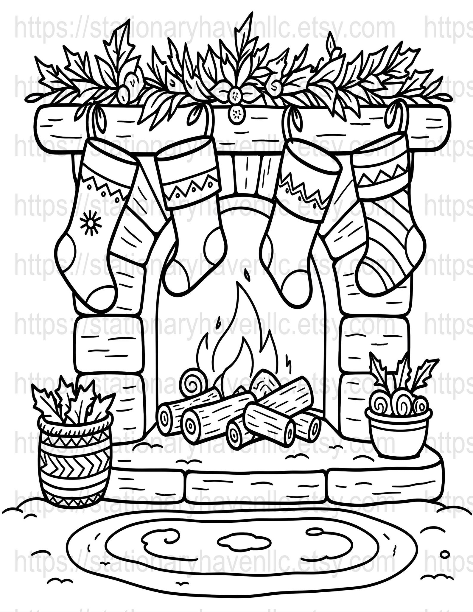 Christmas Fireplace Coloring Pages, Winter Holiday Activity (digital ...