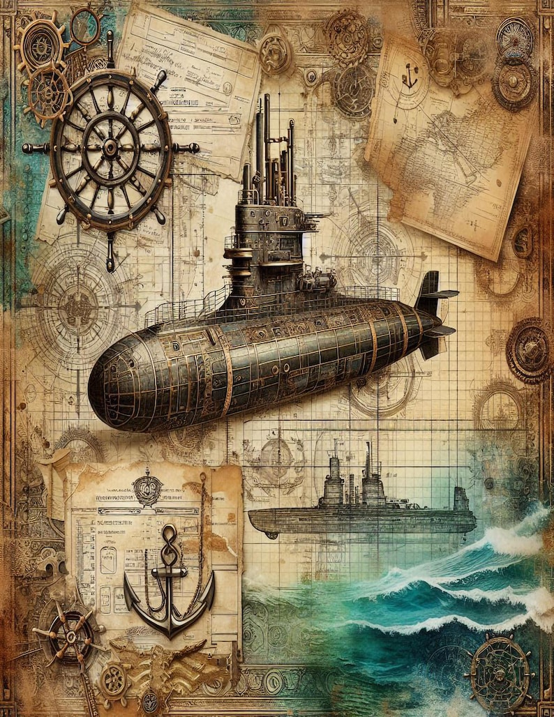 20 Steampunk Nautical Wall Art Printable | Vintage Submarine, Ship ...