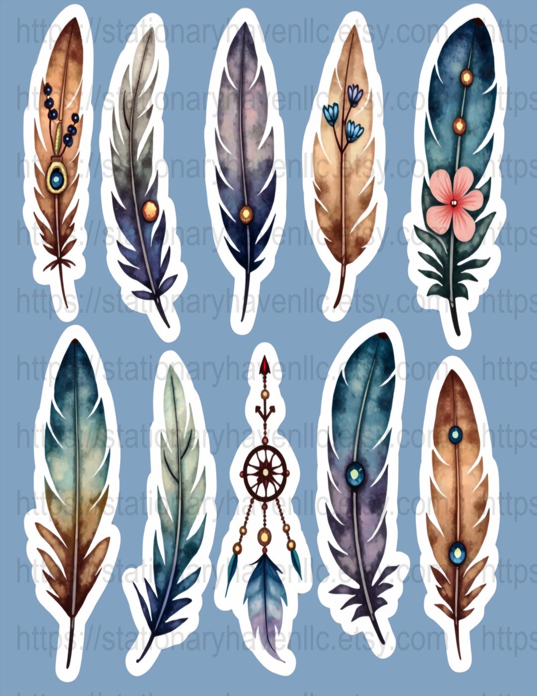 Watercolor Boho Feather Clipart Set, Stickers, Feathers With Beads ...