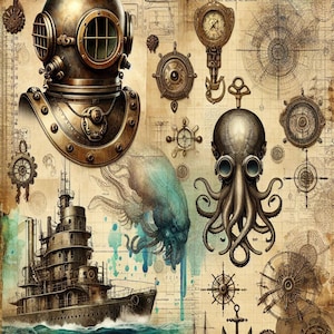 20 Steampunk Nautical Wall Art Printable | Vintage Submarine, Ship ...