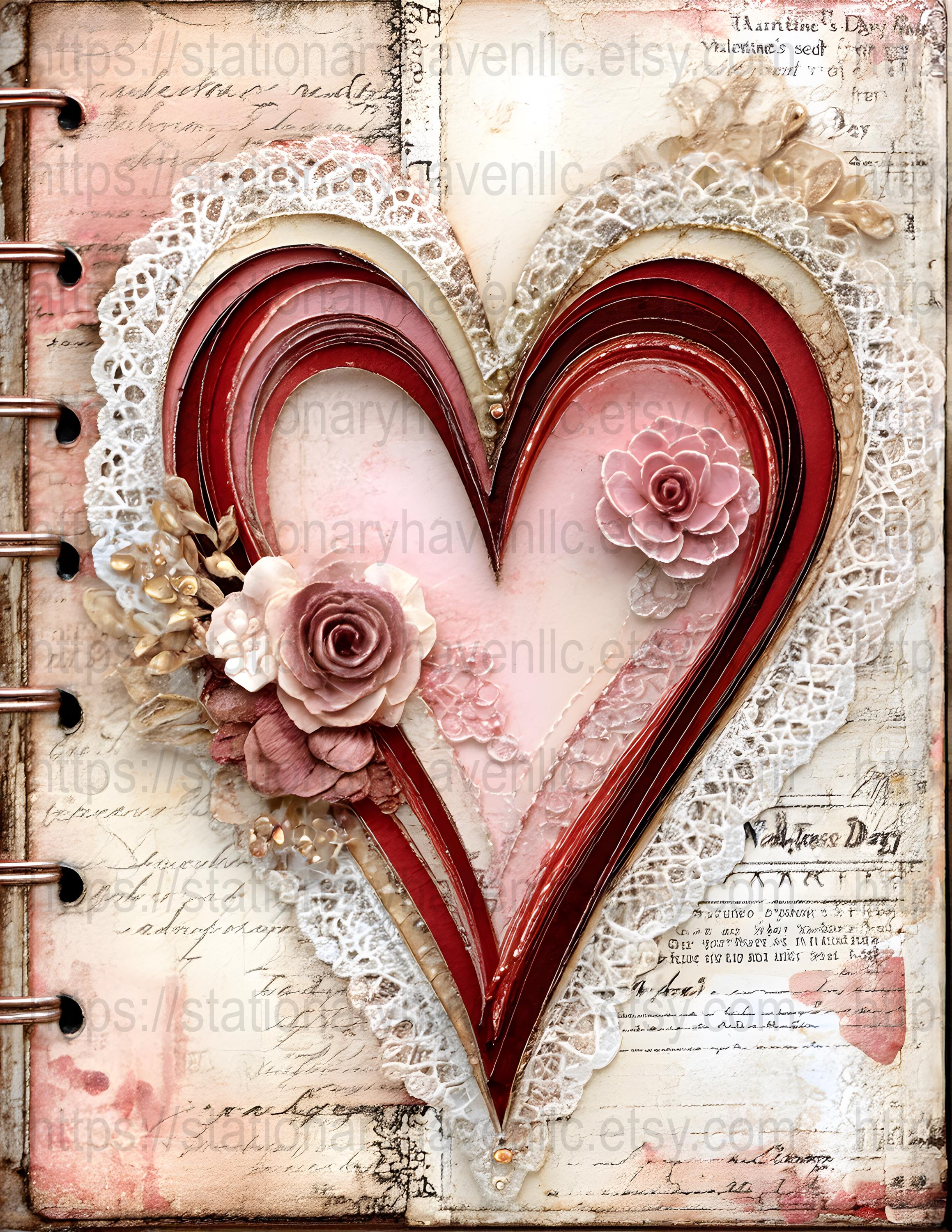 20 Grunge Heart Junk Journal, Layered Heart Art, Pink Heart Collage ...