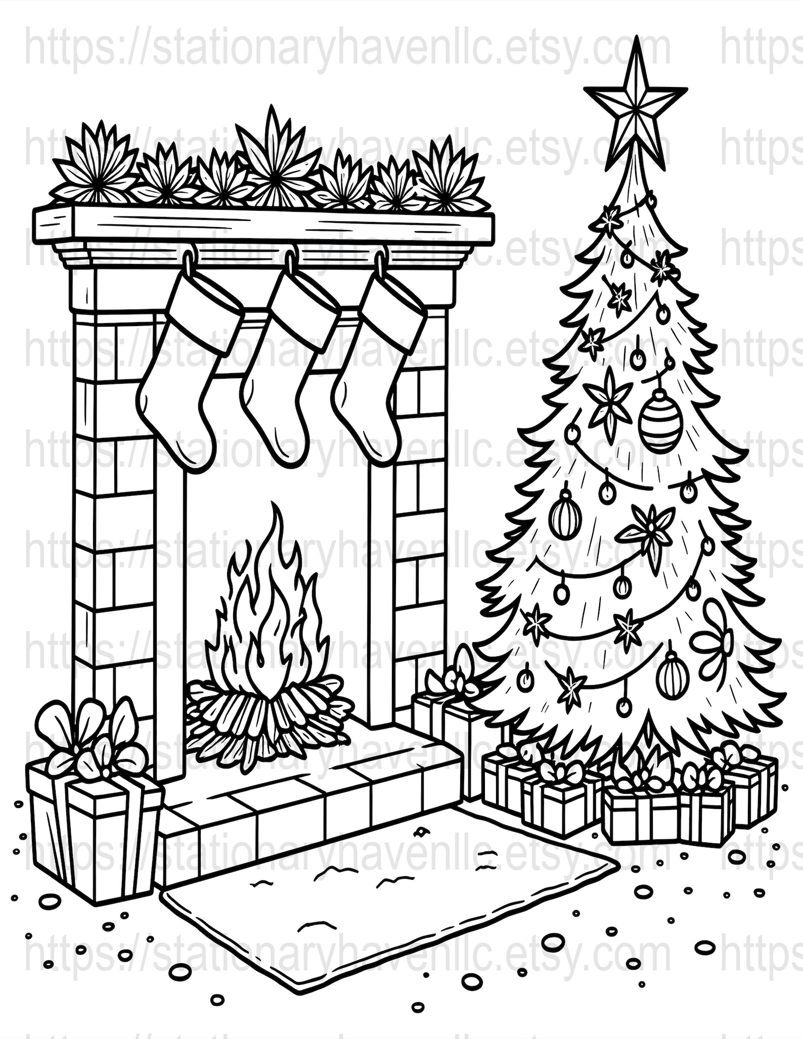 Christmas Fireplace Coloring Pages, Winter Holiday Activity (digital ...