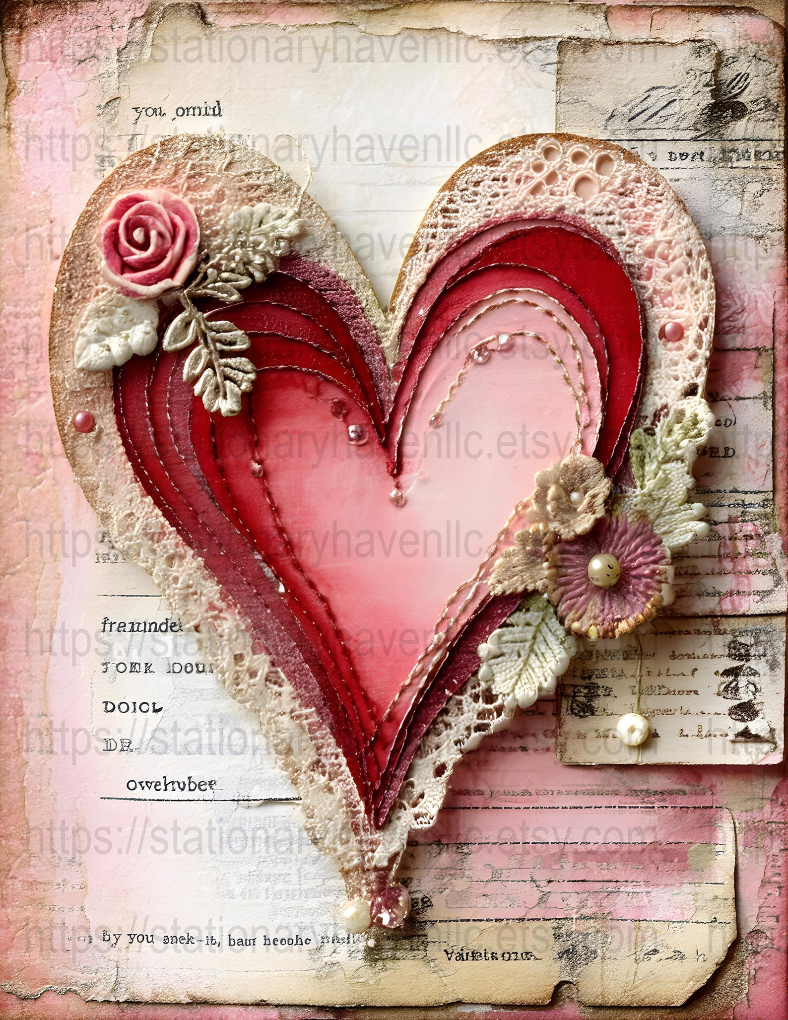20 Grunge Heart Junk Journal, Layered Heart Art, Pink Heart Collage ...