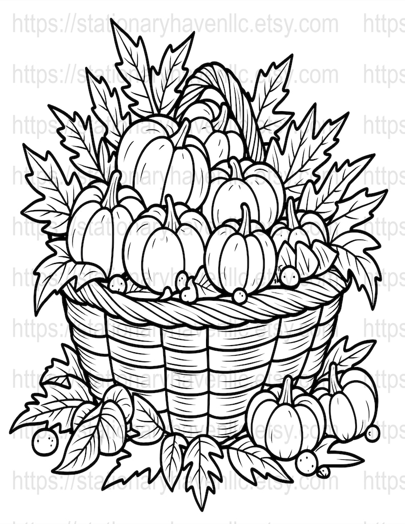 Fall Coloring Pages, 20 Pumpkin Basket Thanksgiving Designs, Autumn ...