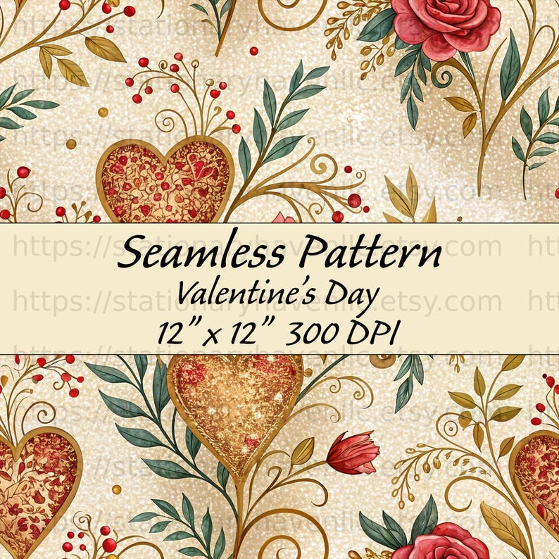 Heart Floral Valentine Seamless Pattern, Romantic Digital Paper (12x12 ...