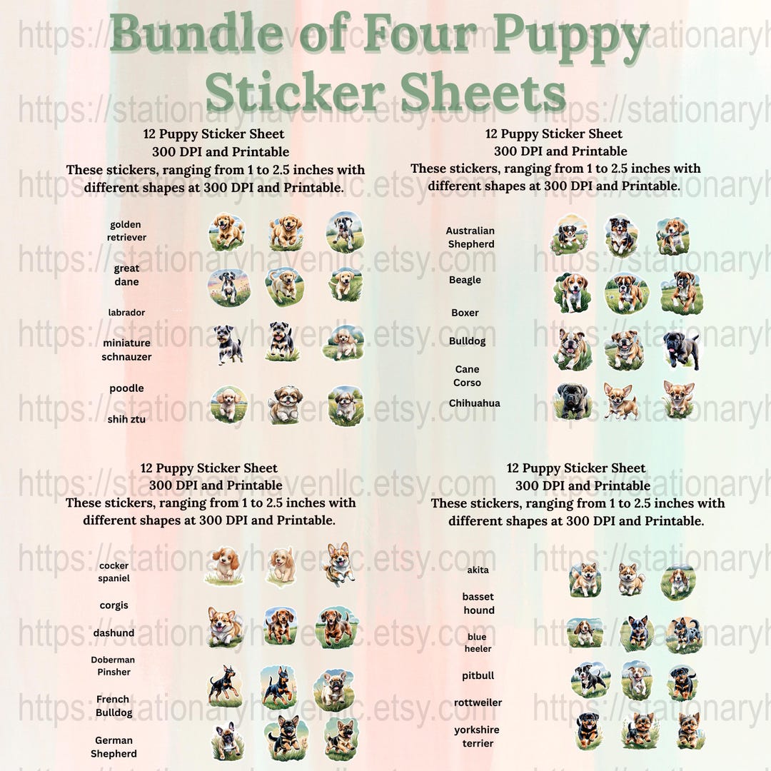 Bundle of Puppy Sticker Sheets PNG, 48 Dog Stickers Printable, Puppy ...