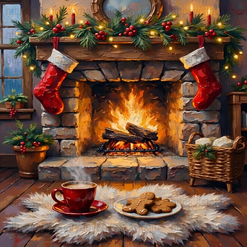 Christmas Fireplace Digital Paper Pack, Scrapbooking Backgrounds ...