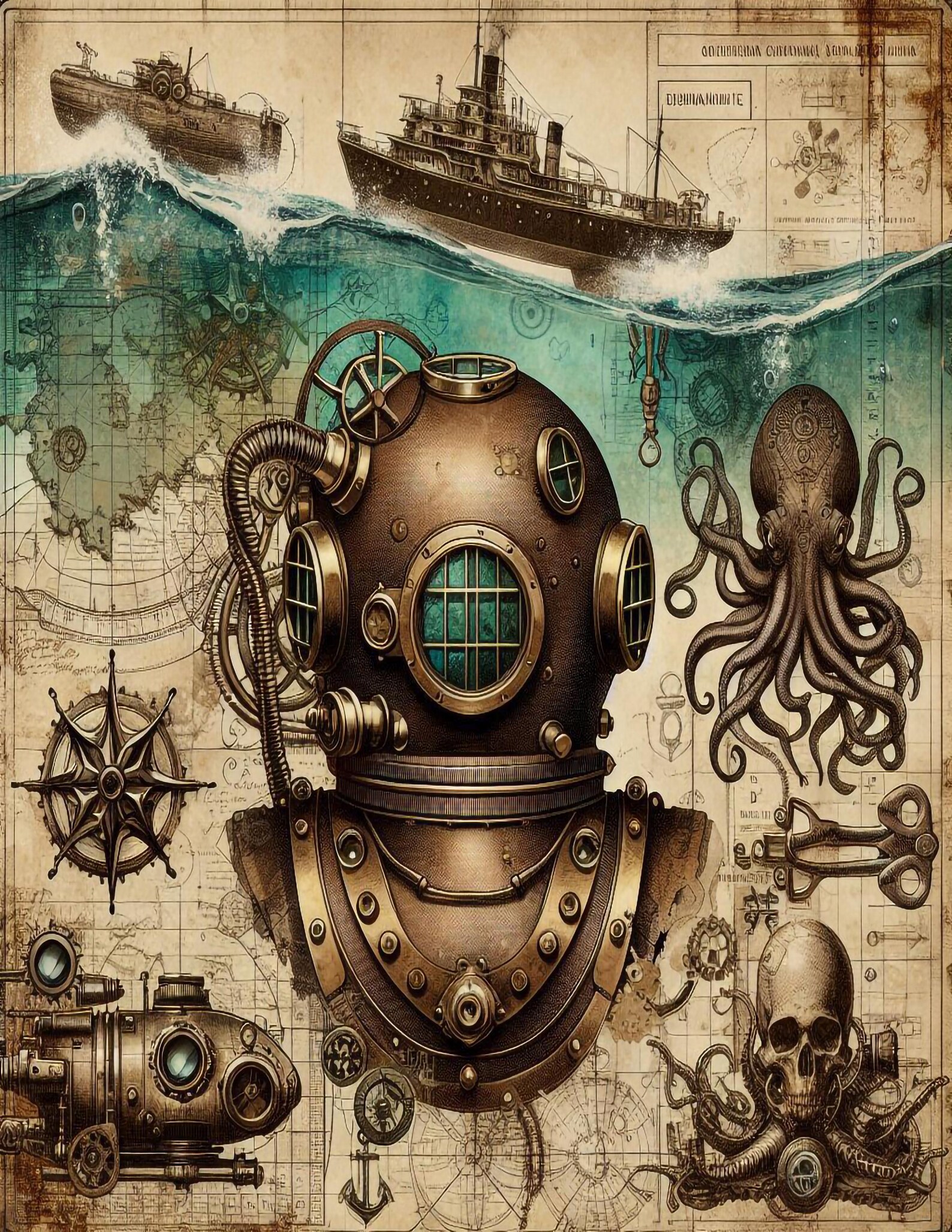 Steampunk Submarine Wall Art: Vintage Nautical Decor (digital Download ...