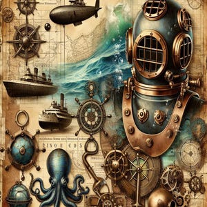 20 Steampunk Nautical Wall Art Printable | Vintage Submarine, Ship ...
