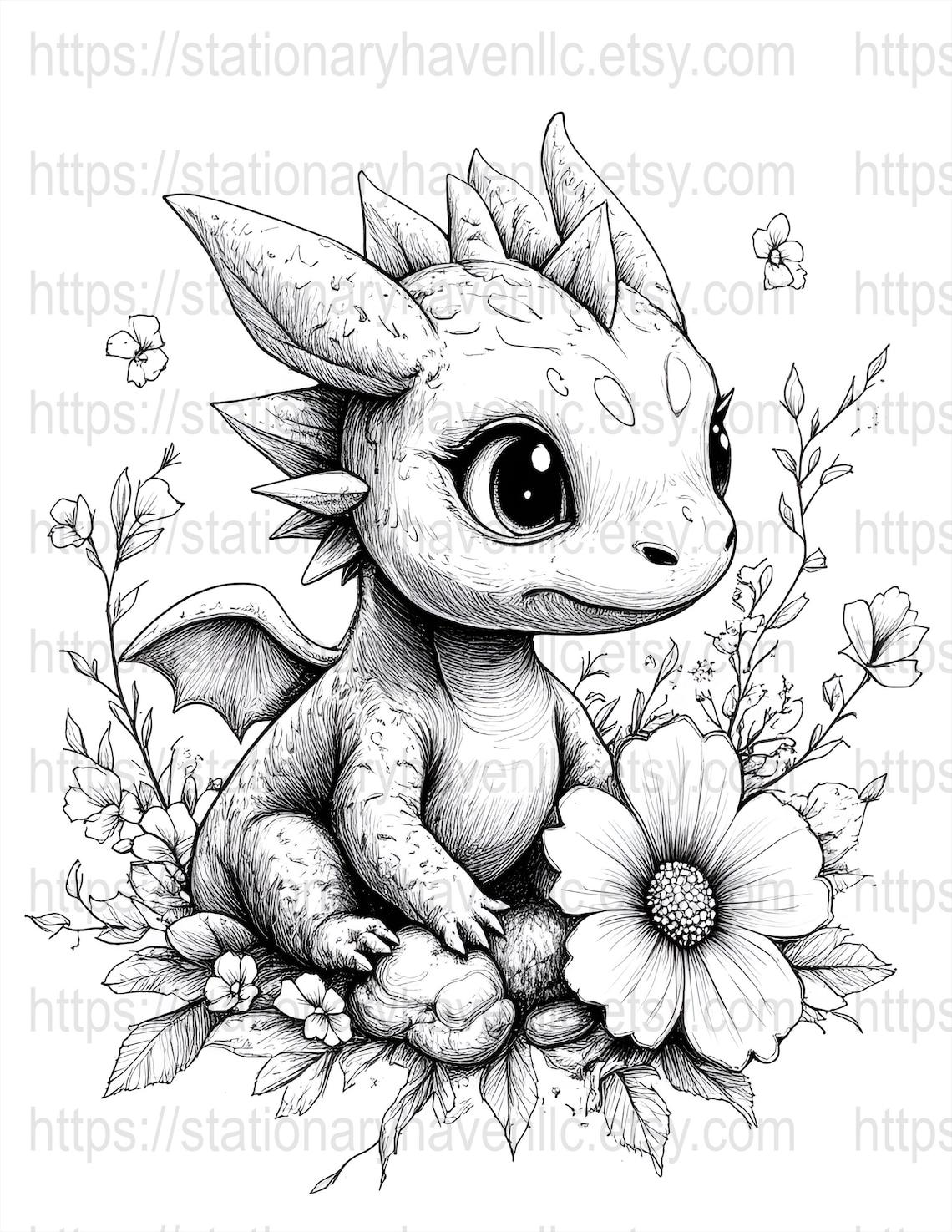 20 Cute Dragon Coloring Pages, Floral Fantasy Art, Printable Kids ...