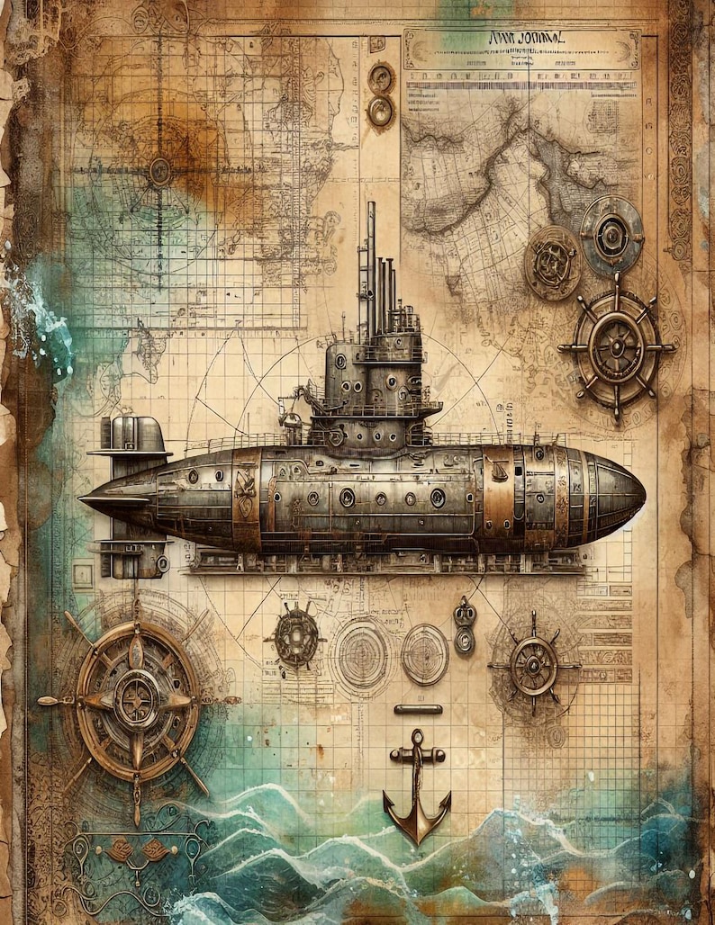 20 Steampunk Nautical Wall Art Printable | Vintage Submarine, Ship ...
