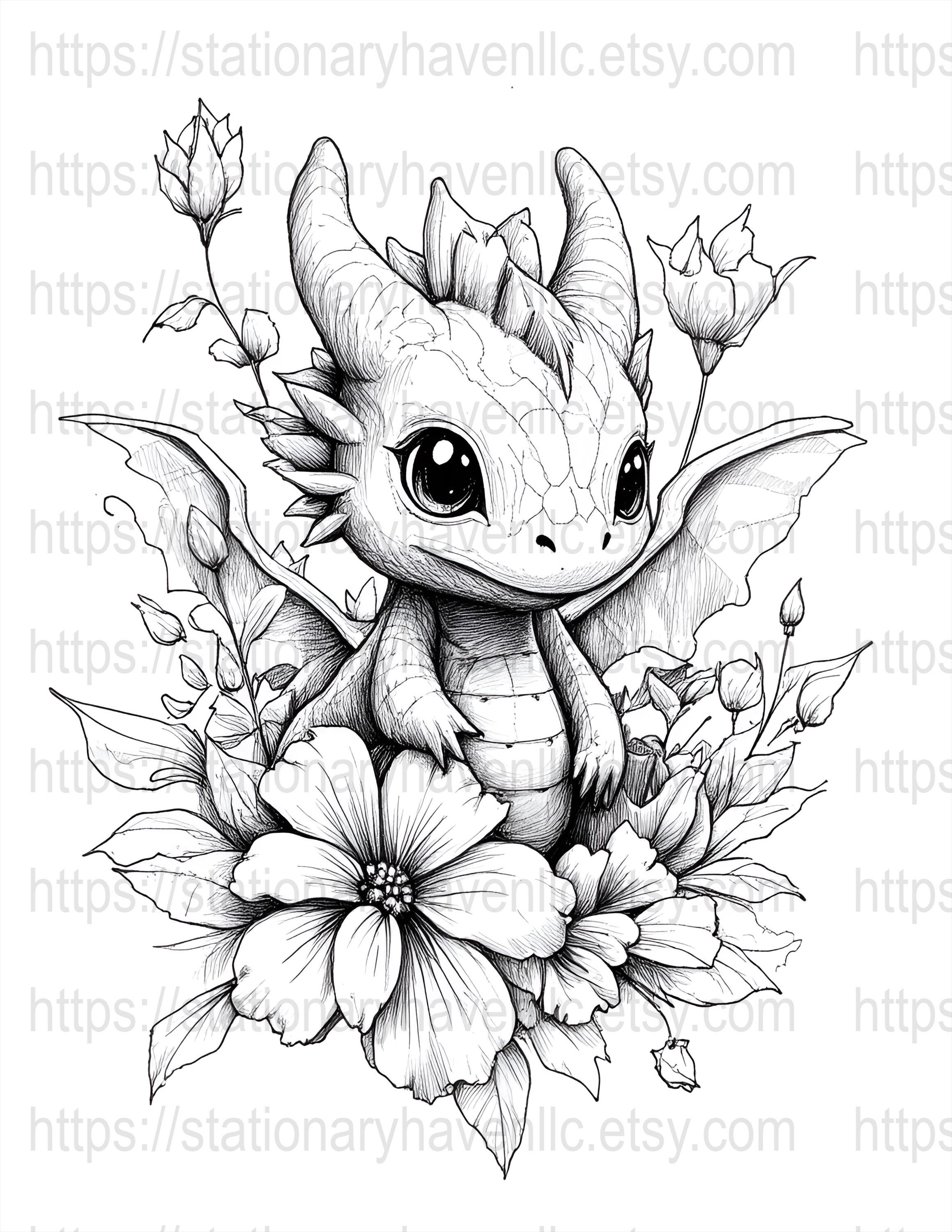 20 Cute Dragon Coloring Pages, Floral Fantasy Art, Printable Kids ...