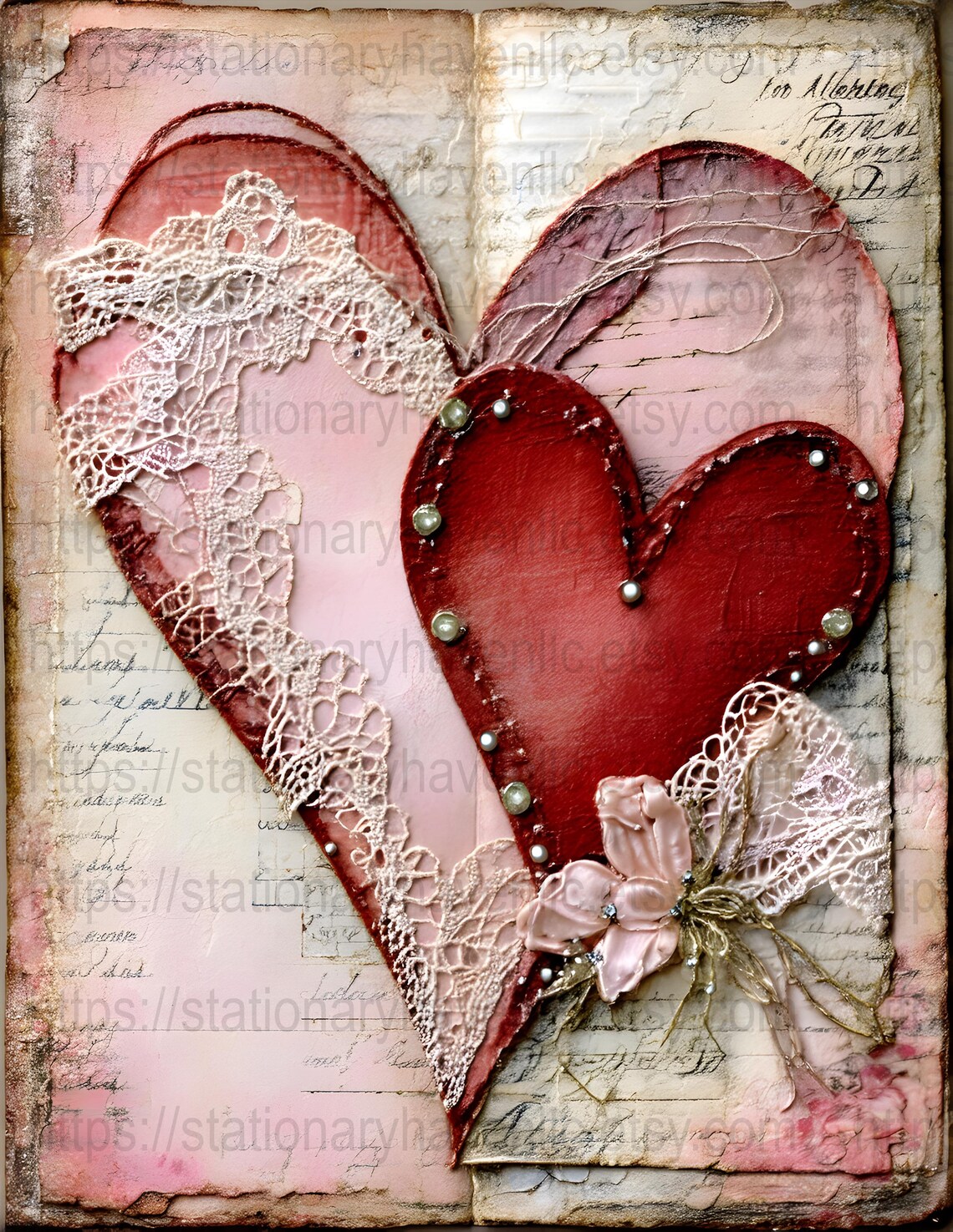 20 Grunge Heart Junk Journal, Layered Heart Art, Pink Heart Collage ...