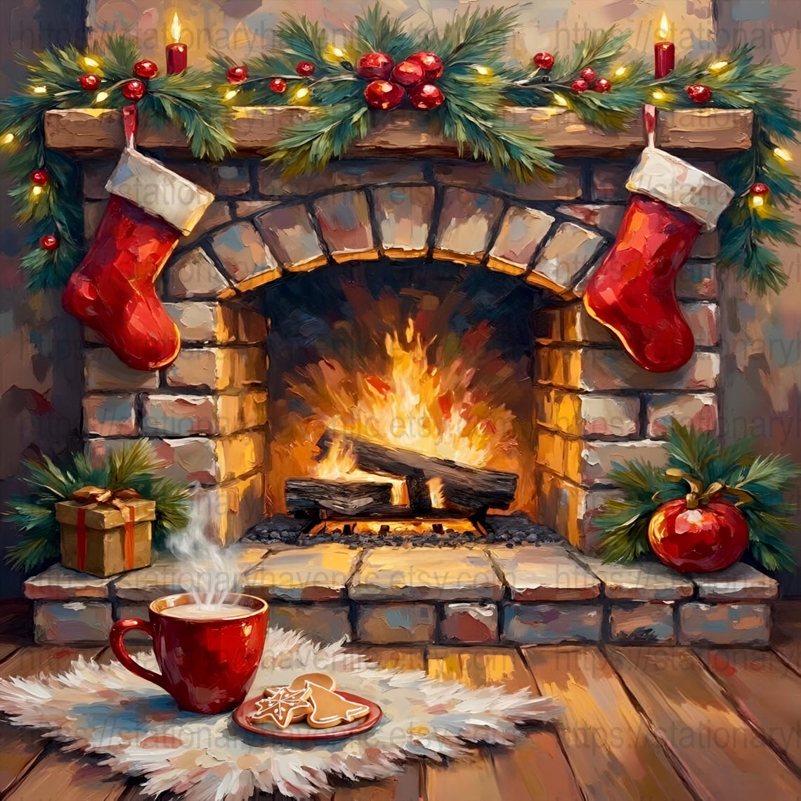 Christmas Fireplace Digital Paper Pack, Scrapbooking Backgrounds ...