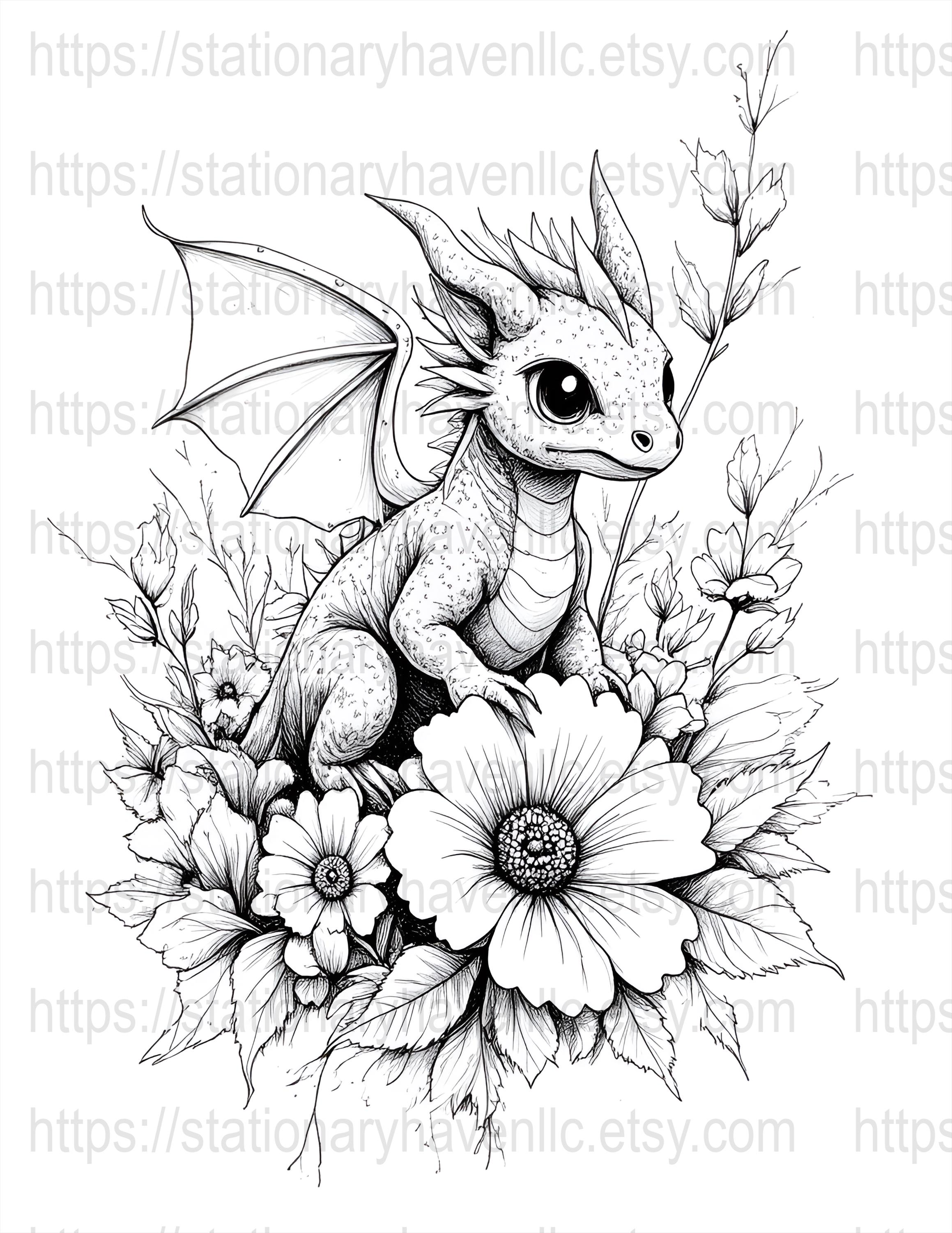 20 Cute Dragon Coloring Pages, Floral Fantasy Art, Printable Kids ...
