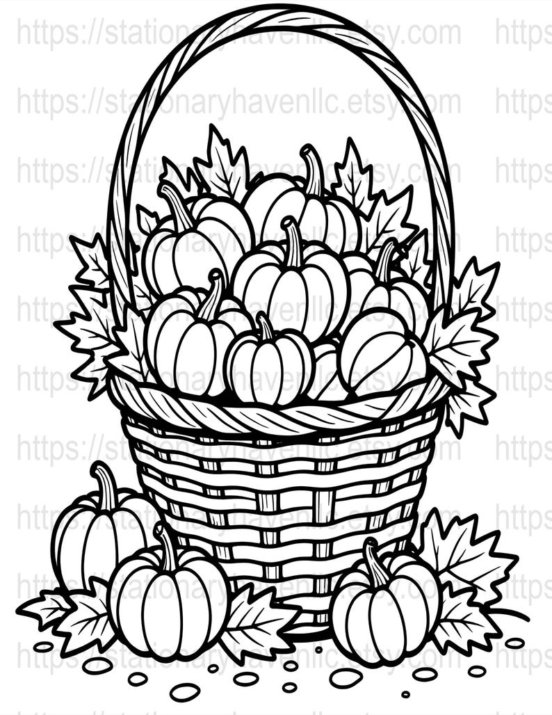 Fall Coloring Pages, 20 Pumpkin Basket Thanksgiving Designs, Autumn ...