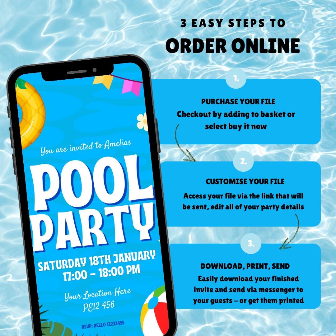Pool Party Birthday Invite - Swimming Party Invitation - Editable ...