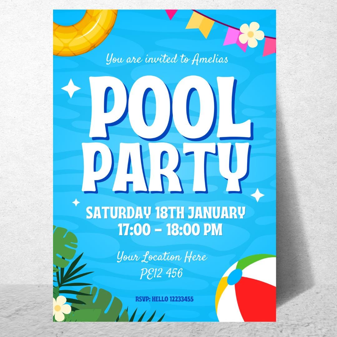 Pool Party Birthday Invite - Swimming Party Invitation - Editable ...