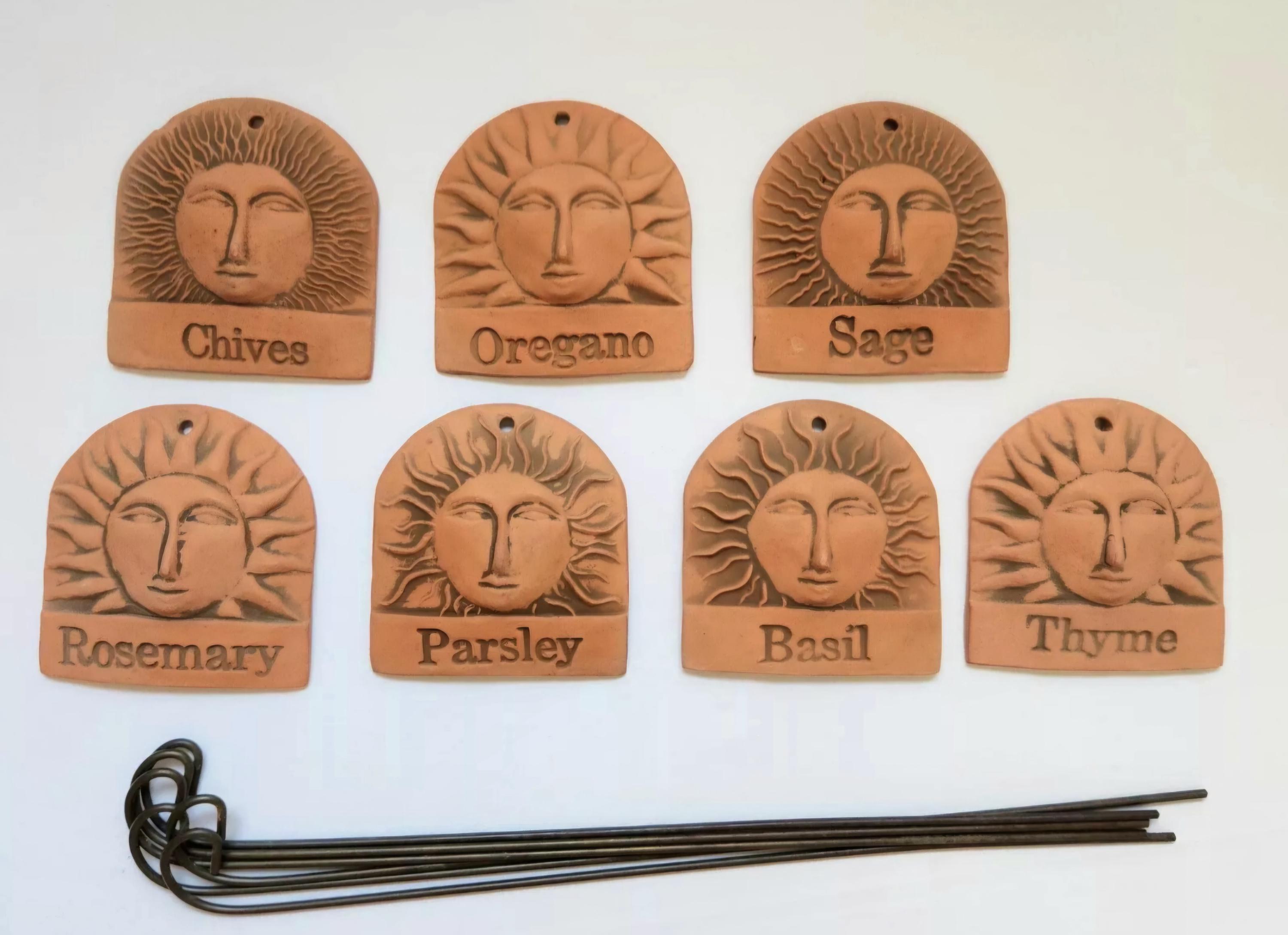 7 Piece Terra Cotta Herb Garden Markers & Stakes Celestial Sun Goddess ...