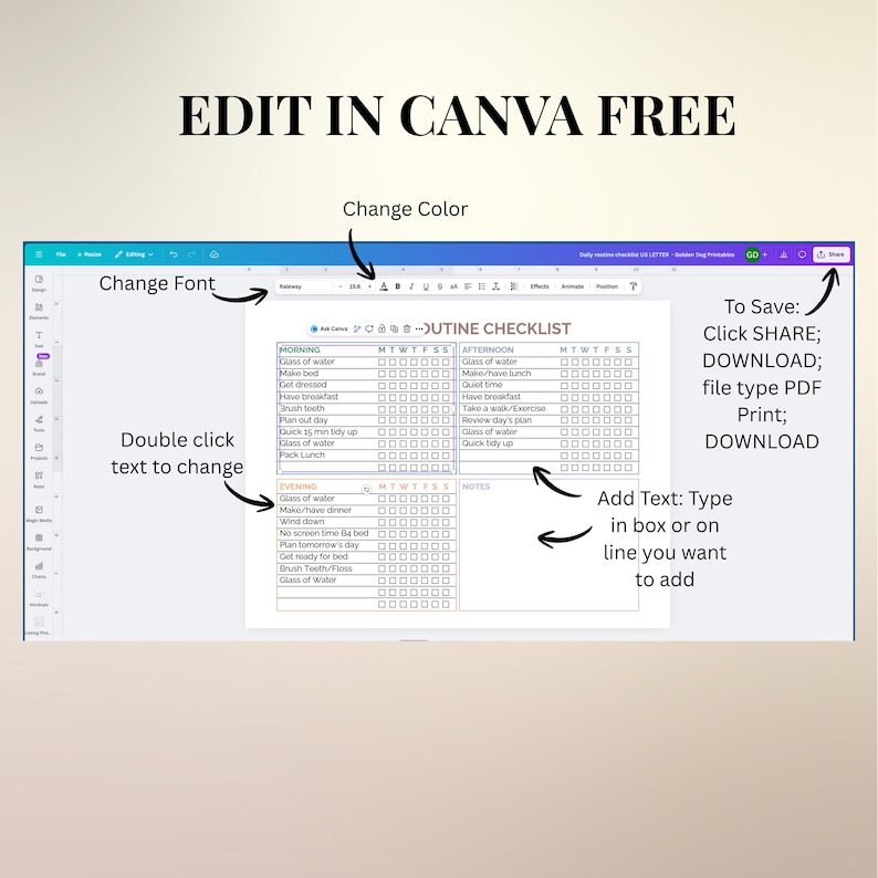 Editable Daily Routine Checklist, Daily Routine Printable, Daily Habit ...