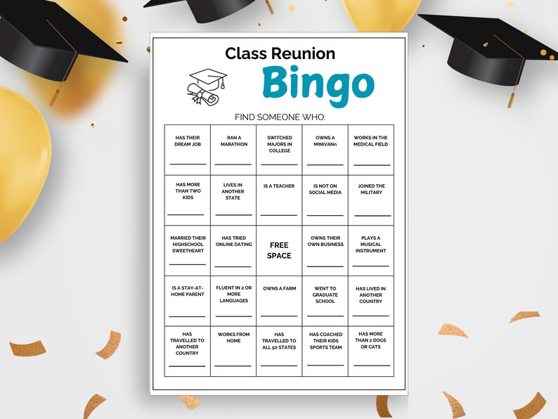 High School Reunion Bingo Game Printable, Find Someone Who Bingo, Find ...