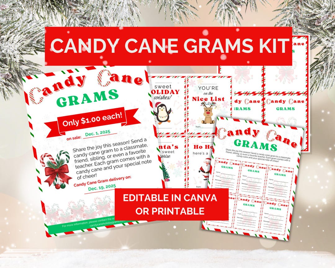 Candy Cane Gram Kit Editable in Canva, Printable Christmas Candy Gram ...