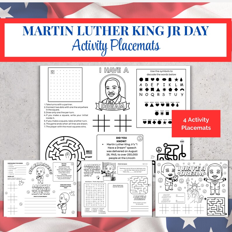 Martin Luther King Jr. Activity Placemats, MLK Activity Placemats ...