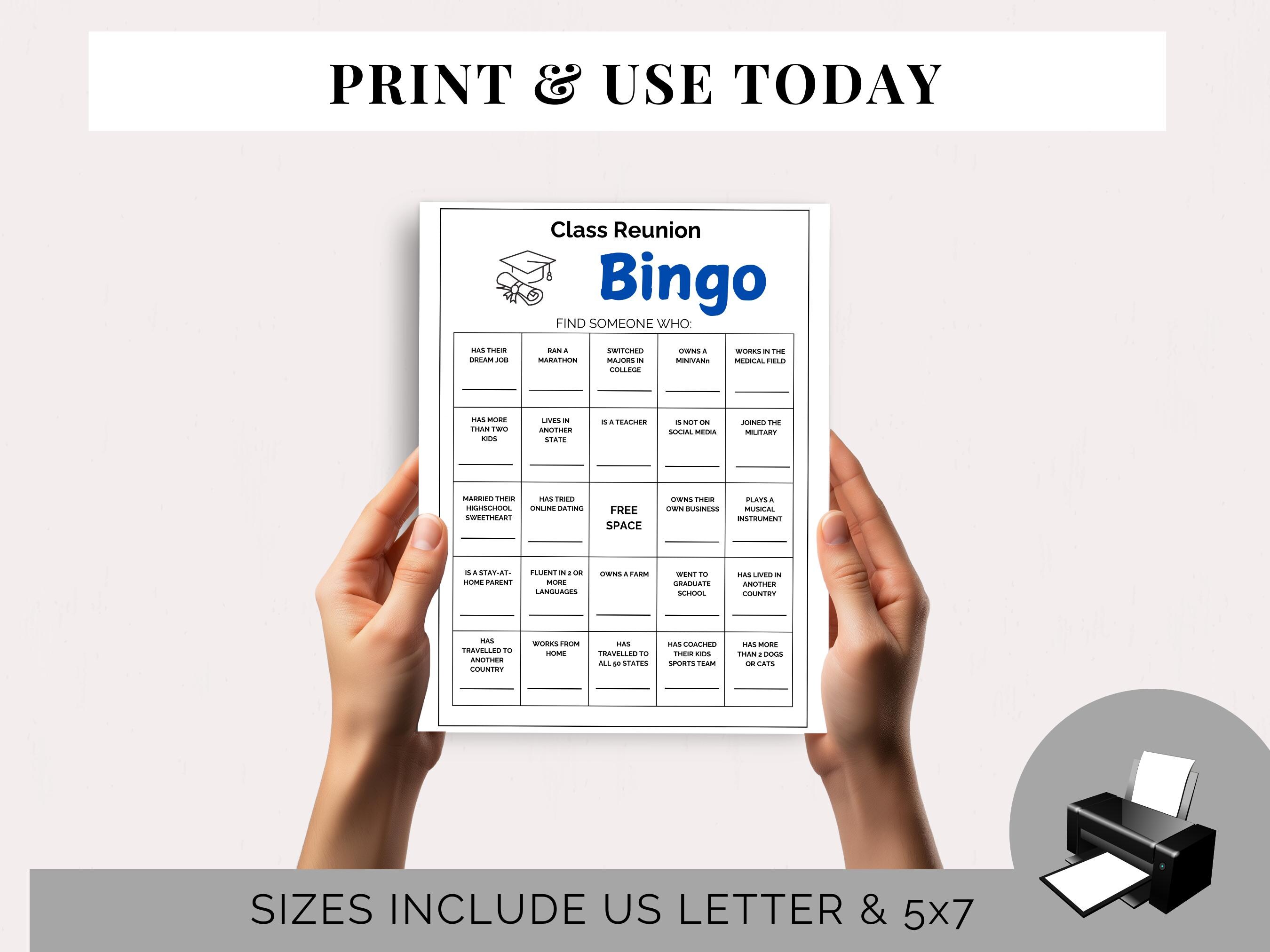 High School Reunion Bingo Game Printable, Find Someone Who Bingo, Find ...