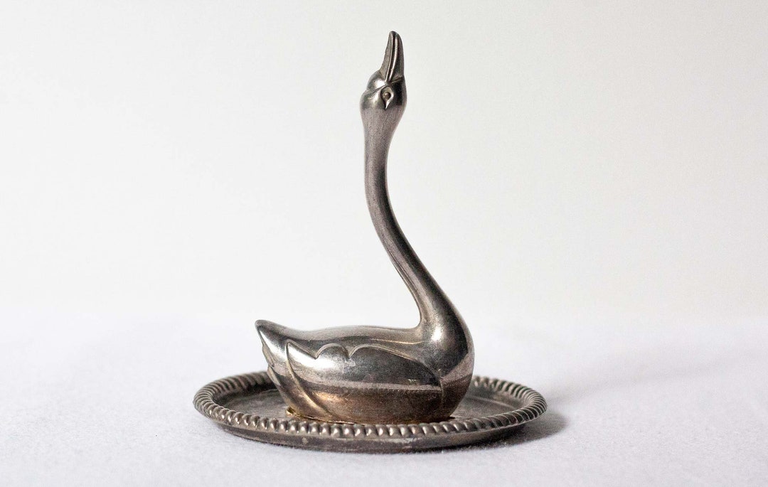 Vintage Swan Ring Holder, Antique Silver Swan on Decorated Tray Base ...