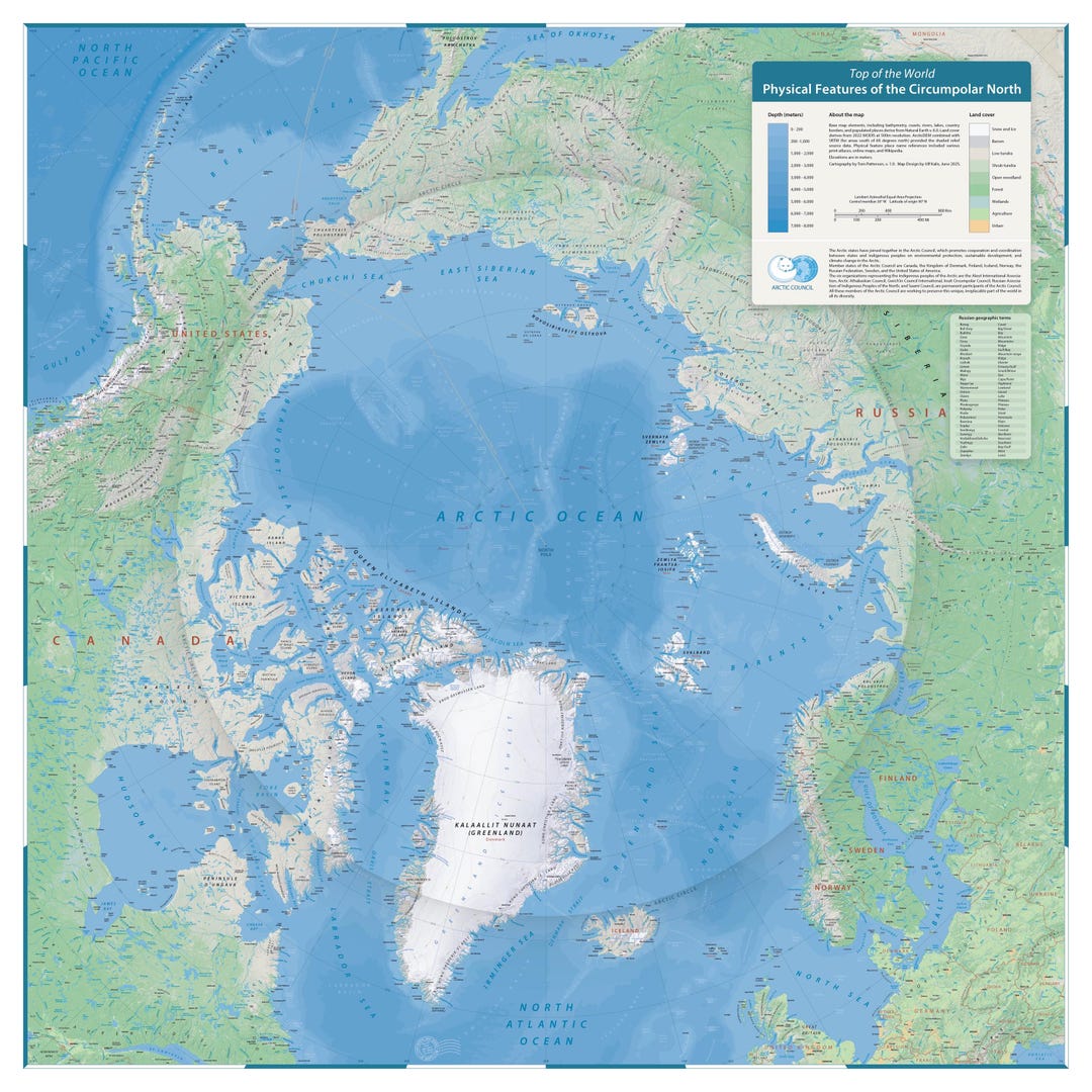 Arctic Map "top of the World" – Physical Map of the North Polar Region ...
