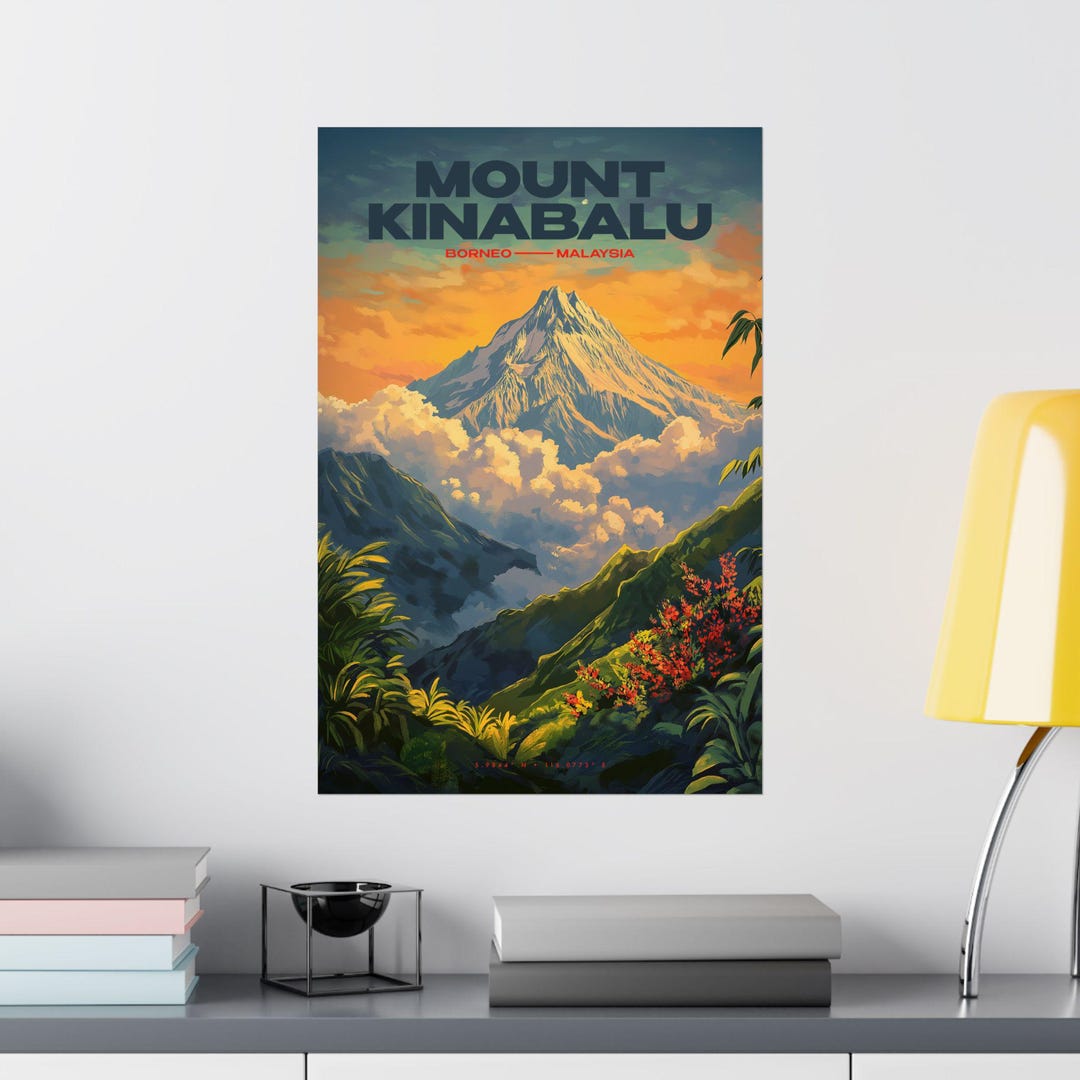 Mount Kinabalu Poster, Borneo Retro Art, Malaysia Mountain Print ...