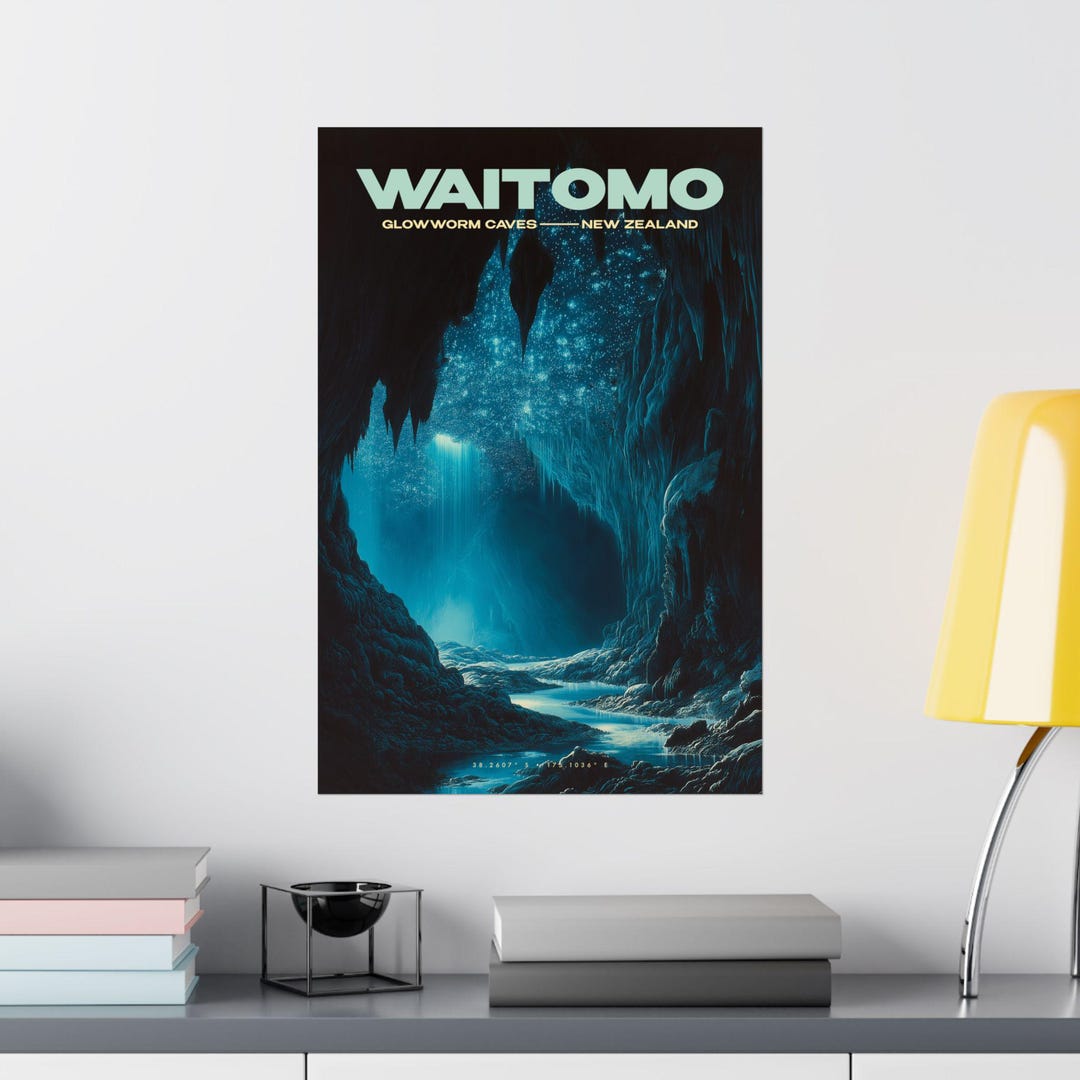 Waitomo Glowworm Caves Poster, New Zealand Retro Art, Bioluminescent ...