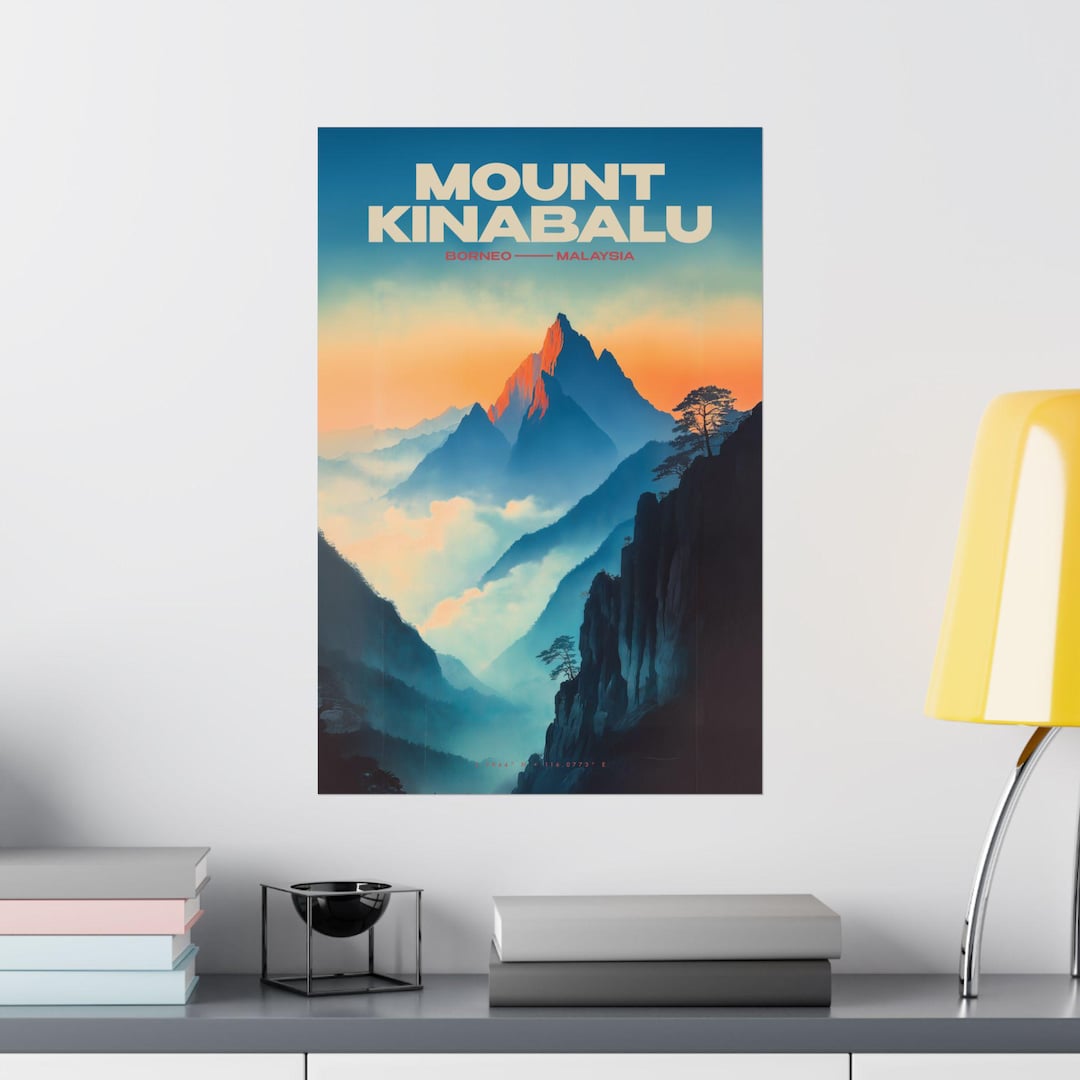 Mount Kinabalu Poster, Borneo Retro Art, Malaysia Mountain Print ...