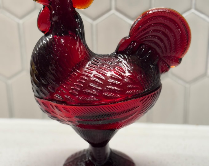 Red Glass Rooster Dish - Etsy