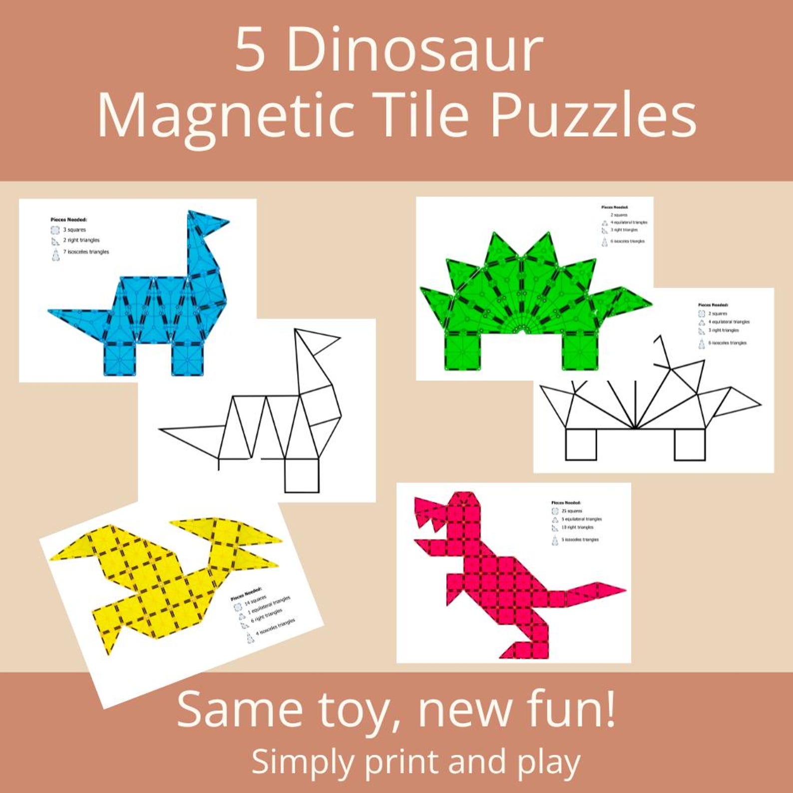 Dinosaur Magnetic Tile Puzzle Sheets, Printable, Magnatile Picasso Tile ...