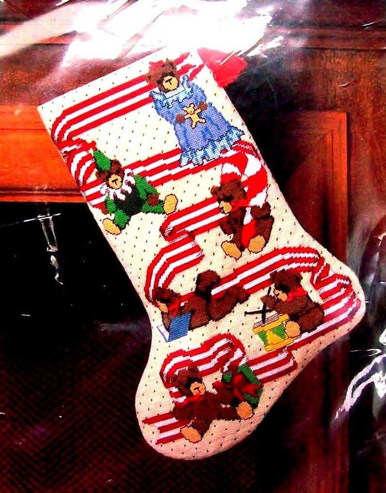 Christmas Stocking Kit Vintage // Sunset Needlepoint Teddy Bear Made ...