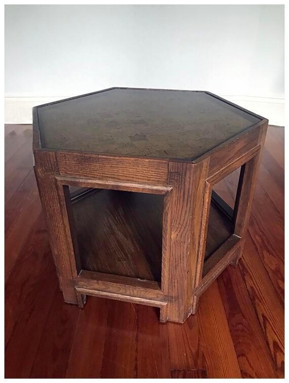 Vintage Hexagon Side Table Two Tiered Glass Top Parquet Design IG therecyclingethic Offers Welcome
