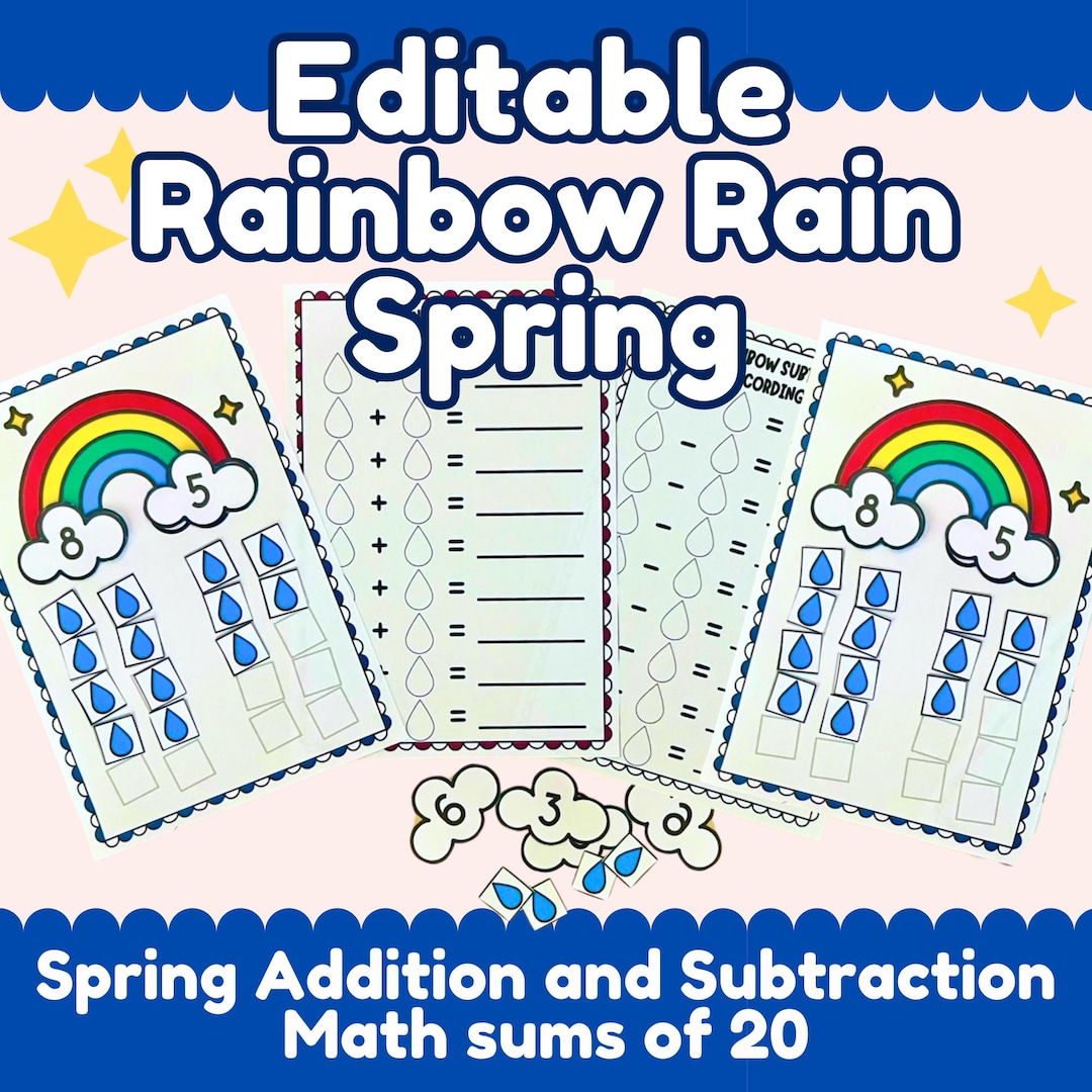 Hojas de trabajo editables de suma y resta de primavera con lluvia de ...