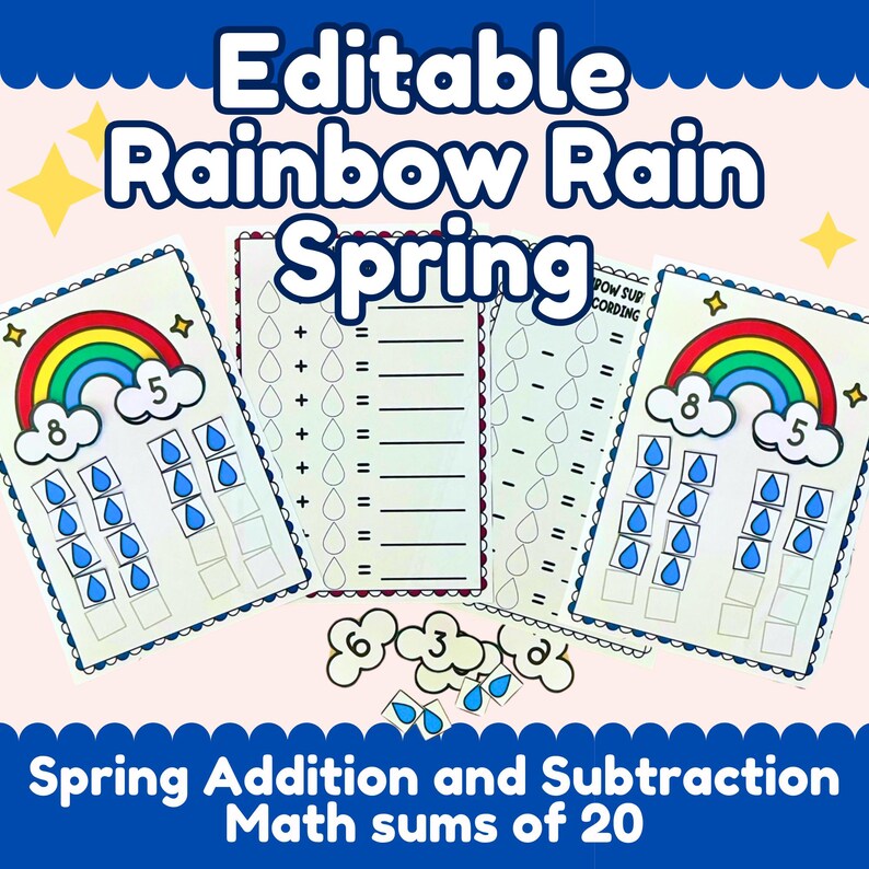 Hojas de trabajo editables de suma y resta de primavera con lluvia de ...