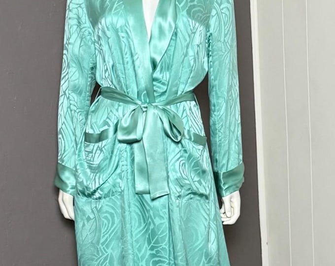 Vintage 1990's Mint Green Silk Robe From Sami New York 0S Jacquard Leaf ...