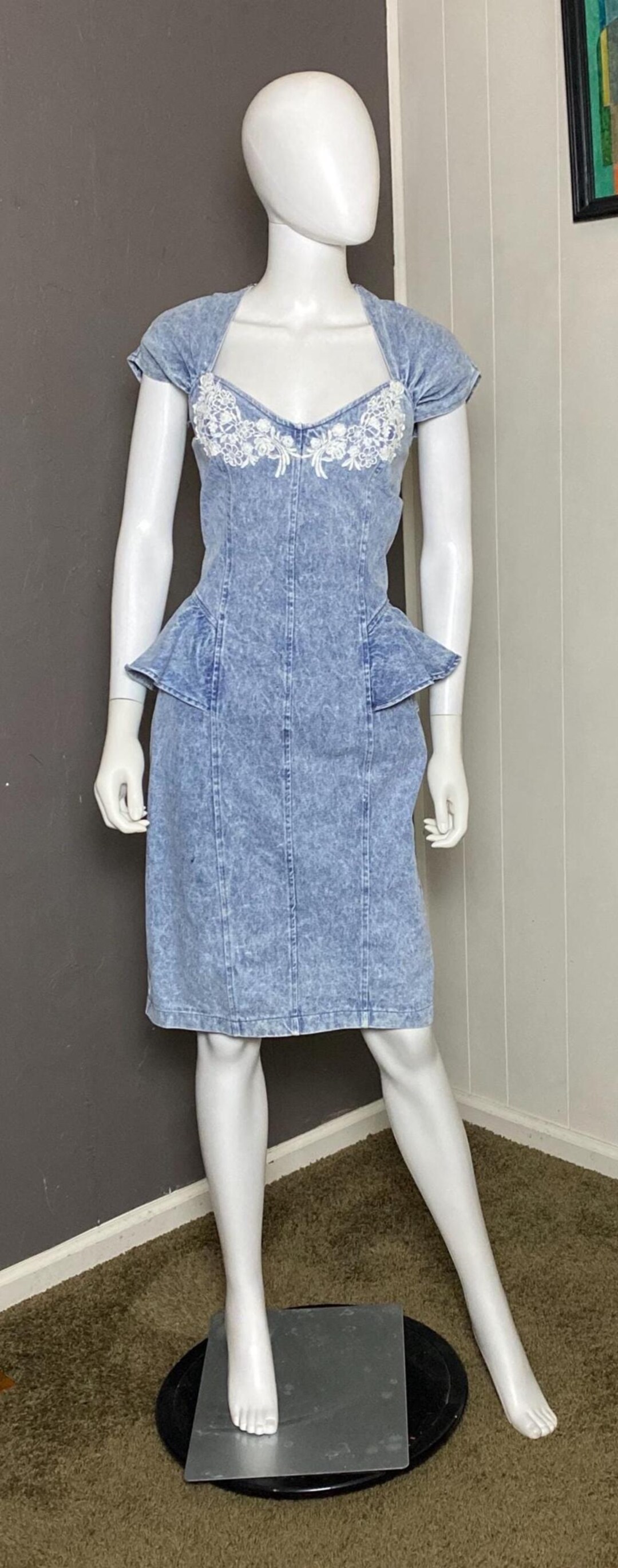 1980's Acid Wash Denim Dress From Prezzia Size 12 Peplum Waist - Etsy