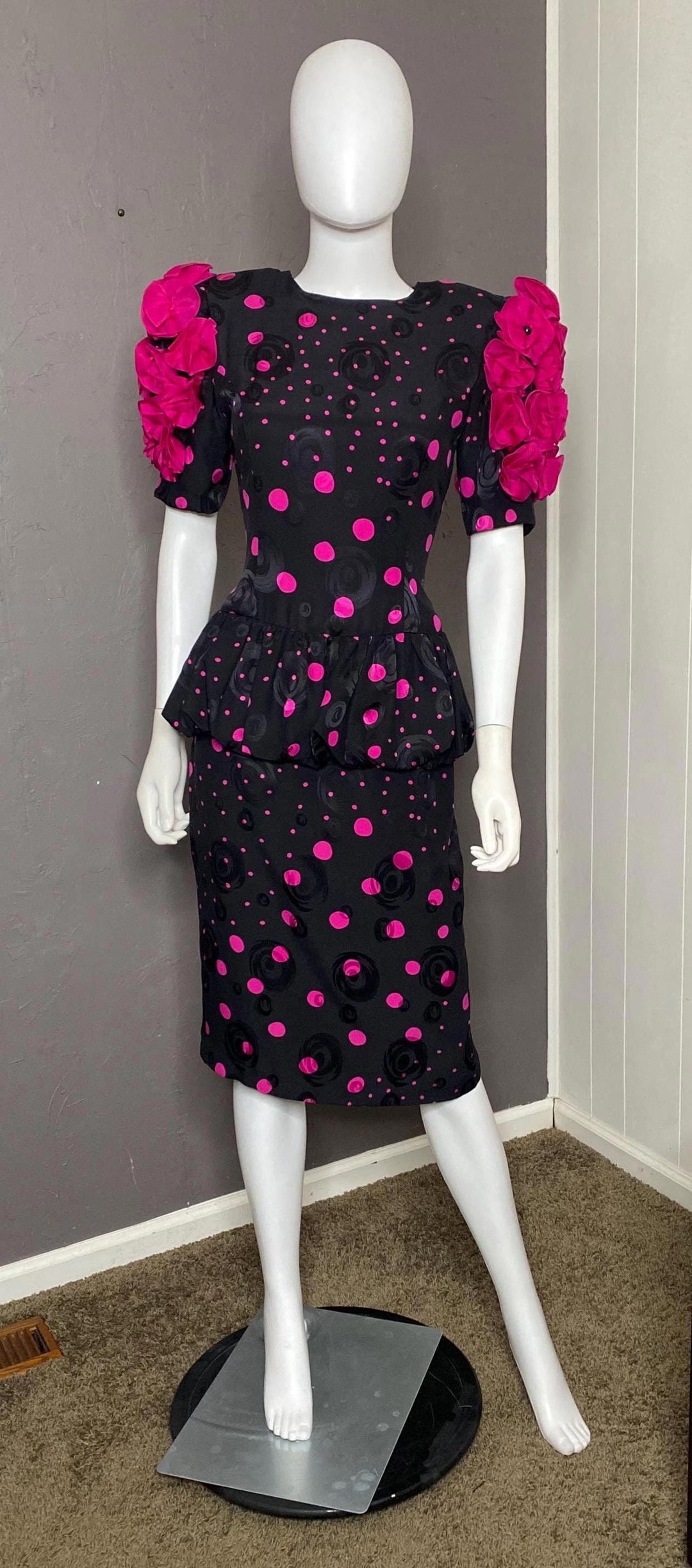 1980s Hot Pink Black Polka Dot Peplum Dress From Junnie Leigh Pouf ...